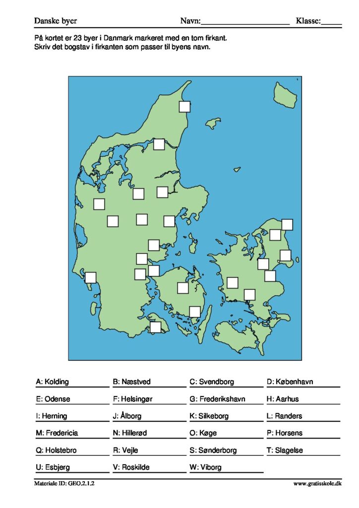 Geografi: Placer bogstaverne i danske byer - GratisSkole.dk
