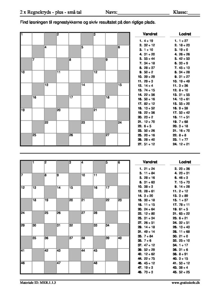 Matematik: 2 x Regnekryds - plus - små tal (Gratis materiale til print)