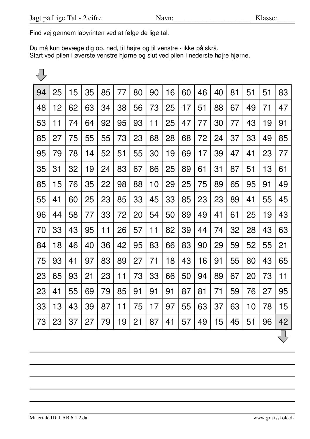 Matematik - Labyrinter: Lige tal - 2 cifre (Gratis ark til print)