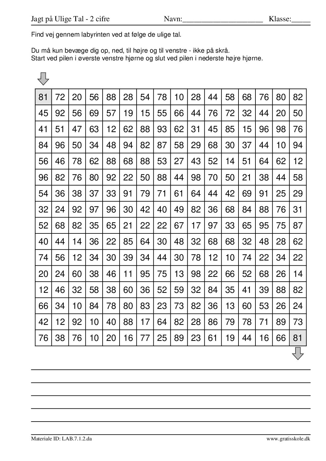 Matematik - Labyrinter: Ulige tal - 2 cifre (Gratis ark til print)