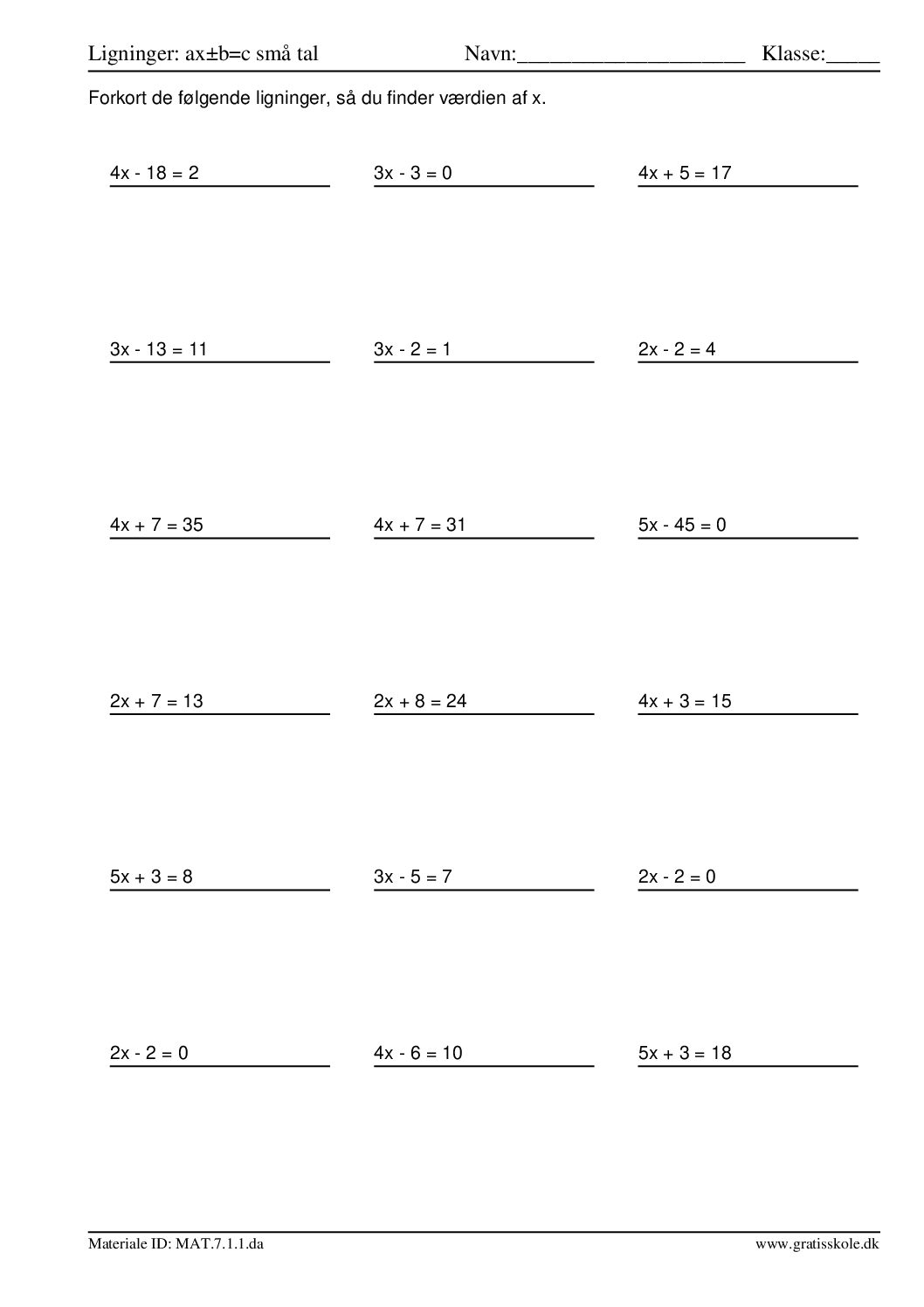 Matematik - Ligninger: ax±b=c små tal (Gratis ark til print)