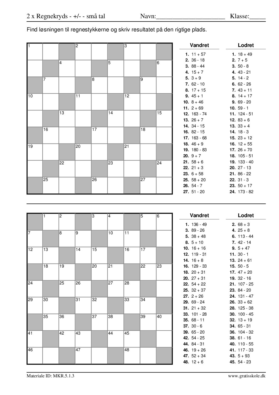 Matematik: 2 x Regnekryds - Plus/minus - små tal (Gratis materiale til ...