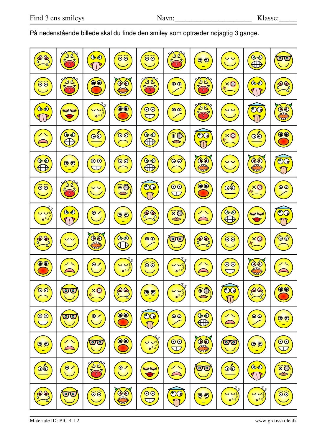 Matematik: Find 3 ens figurer - Smileys - Download PDF-filer gratis