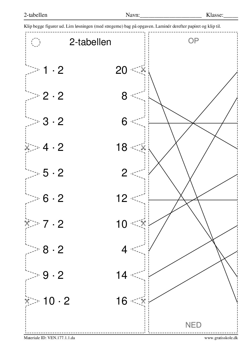 Viklekort: 2-tabellen (matematik) - Gratis ark til print
