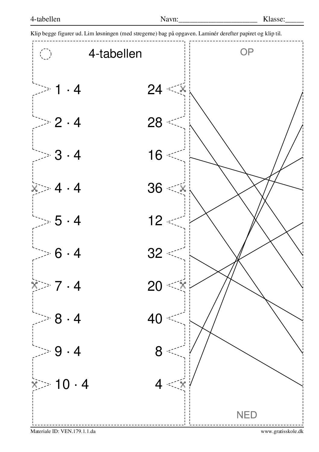 Viklekort: 4-tabellen (matematik) - Gratis ark til print