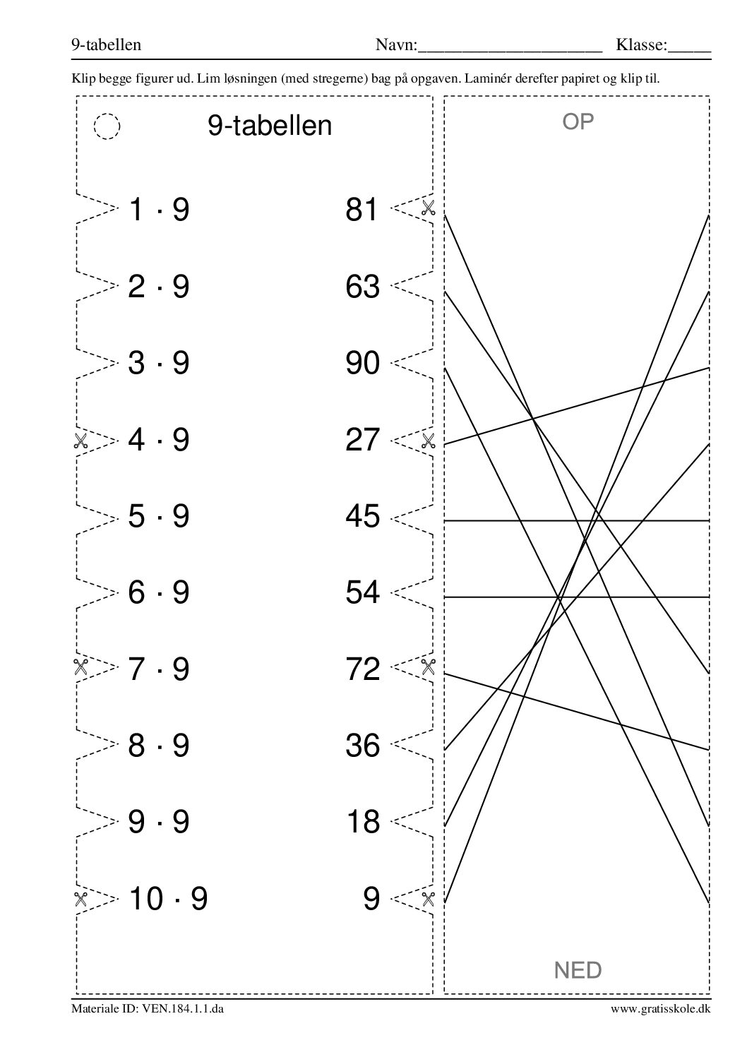 Viklekort: 9-tabellen (matematik) - Gratis ark til print